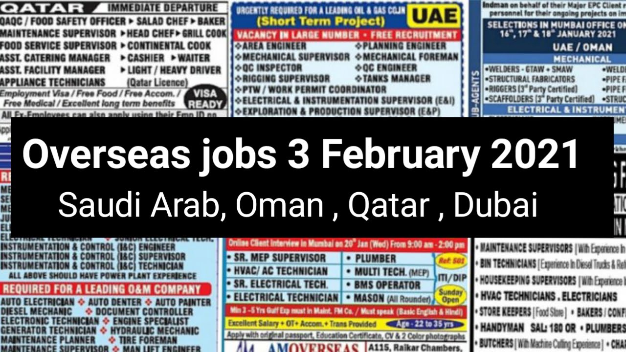 Assignment Abroad - Overseas jobs 3 February 2021 | 500+ gulf vacancies