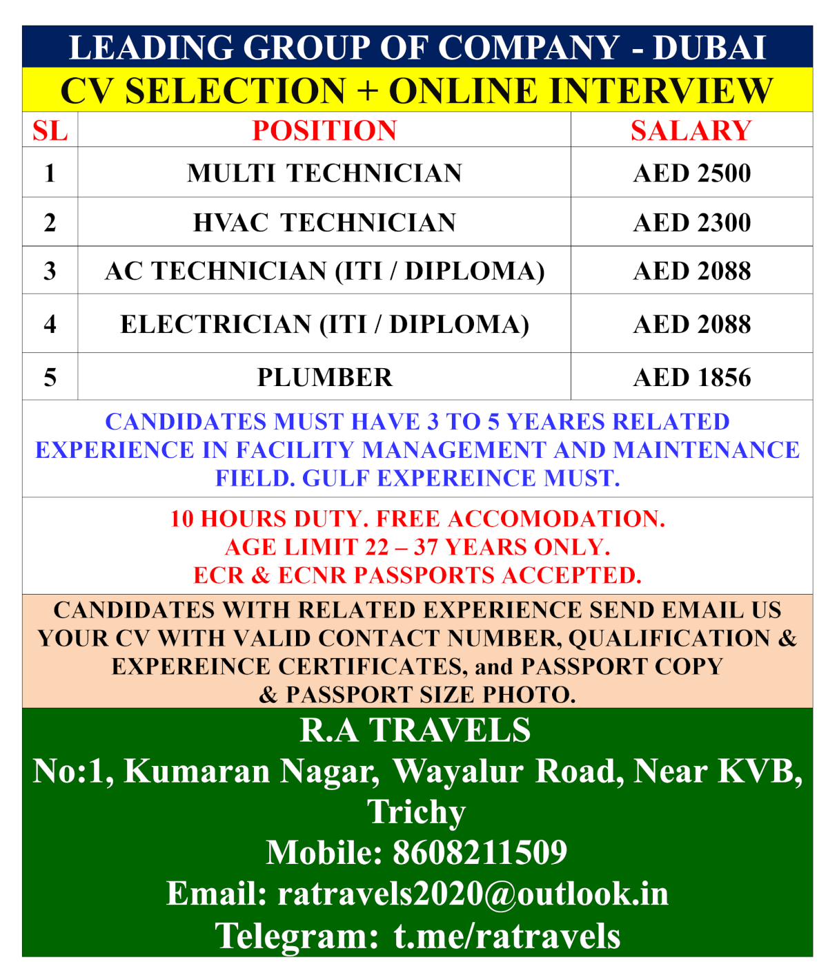 Gulf job vacancy - Dubai job requirement in facility management company