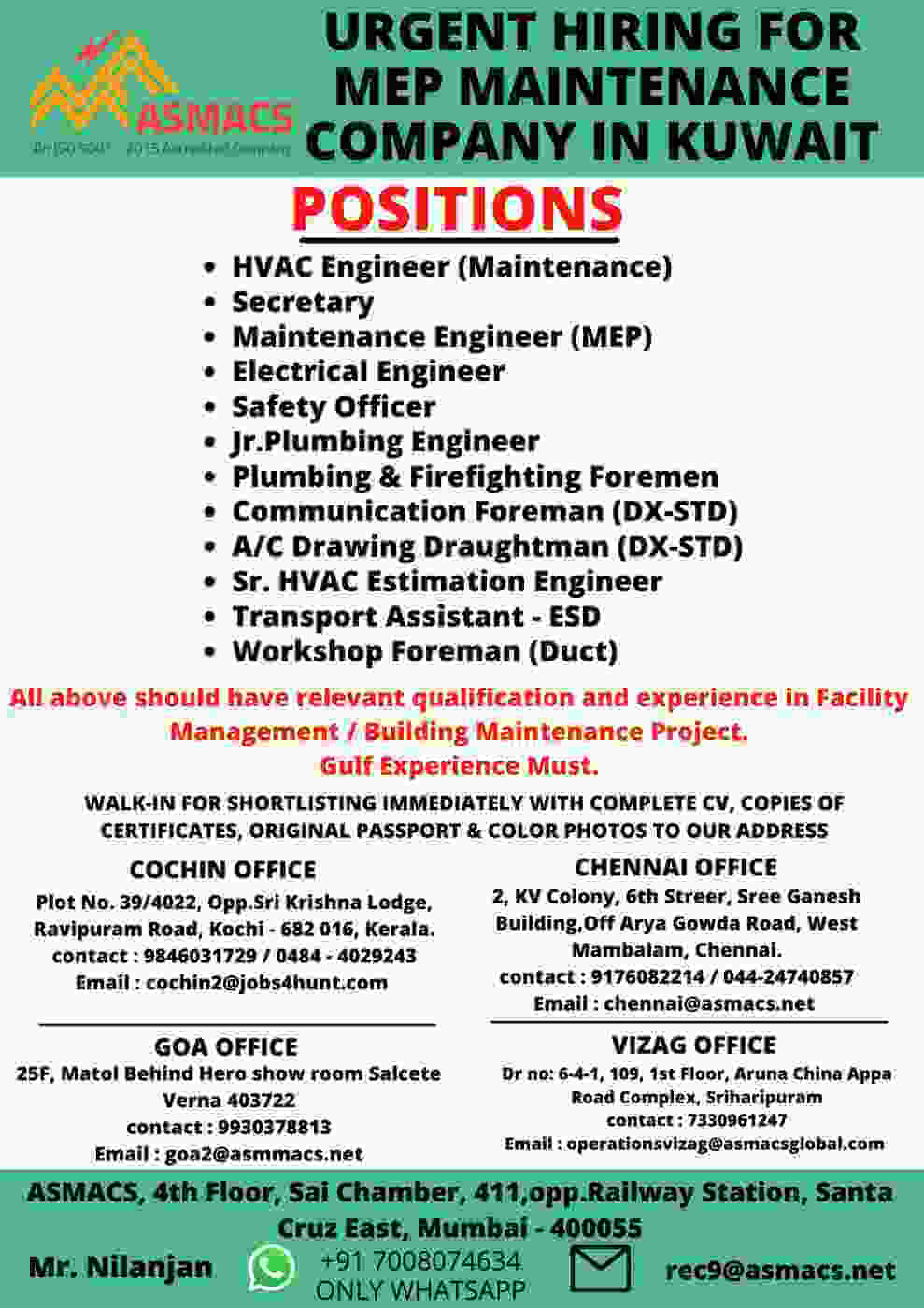 ASMACS Job Vacancy - Saudi, Qatar, Kuwait and UAE