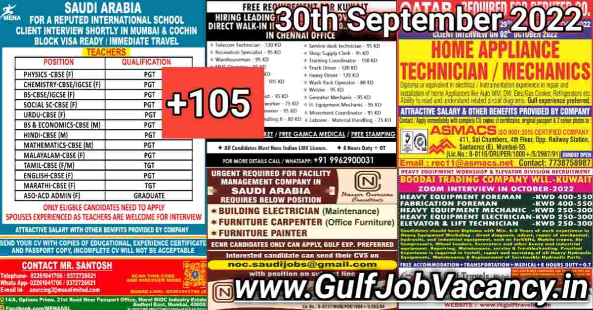 Gulf Job Vacancies Newspaper 30 September 2022