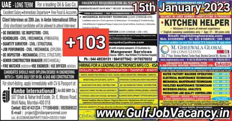 Gulf Job Vacancy Newspaper 15 January 2023